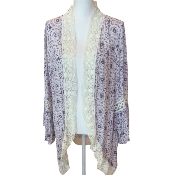entro | Sweaters | Entro Womens Purple And Cream Lace Open Cardigan ...